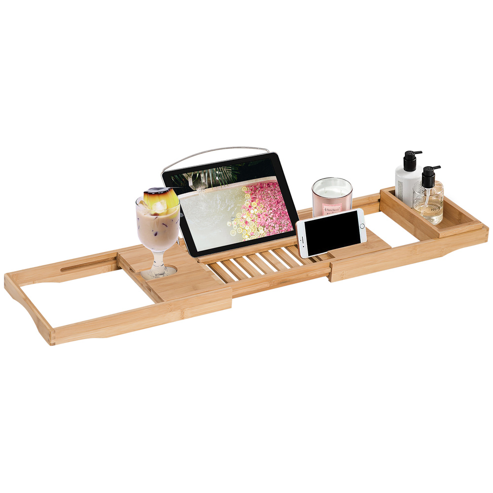 HOMCOM Extendable Bamboo Bathtub Shelf Rack Bath Caddy Tray Bathroom ...